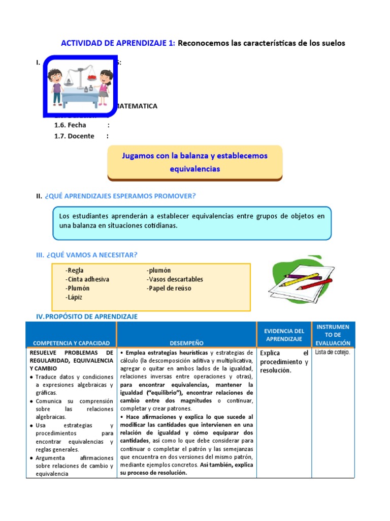 DIA 4 SESION DE APRENDIZAJE Jugamos Con La Balanza y Establecemos Equivalencias | PDF ...