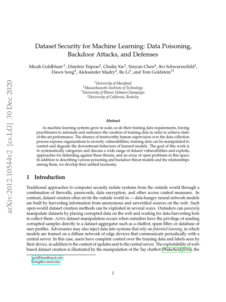 Dataset Security For Machine Learning: Data Poisoning, Backdoor Attacks ...