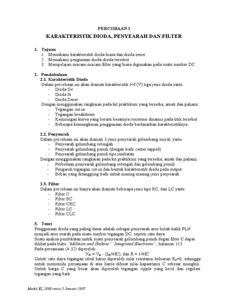 Karakteristik Dioda Penyearah Dan Filter | PDF