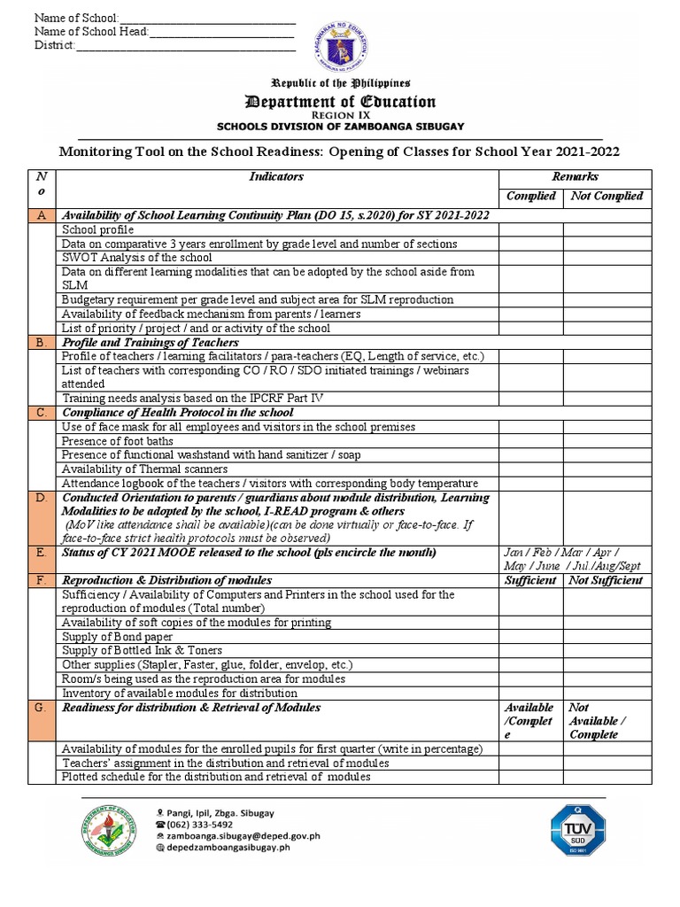 School Readiness Monitoring Tool 2021-2022 | PDF