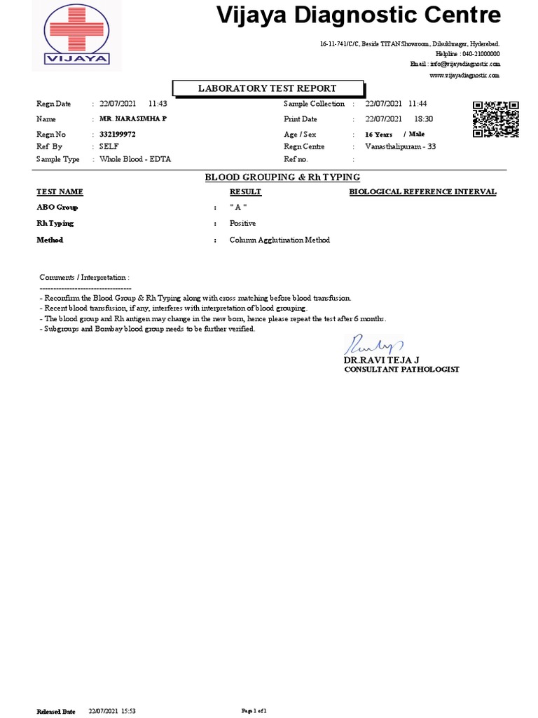 Laboratory Test Report: Test Name Result Biological Reference Interval ...