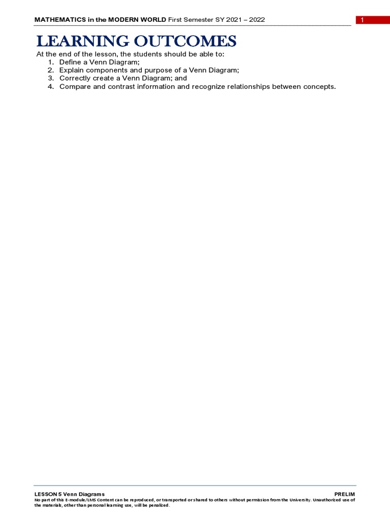 Learning Outcomes: MATHEMATICS in The MODERN WORLD First Semester SY ...