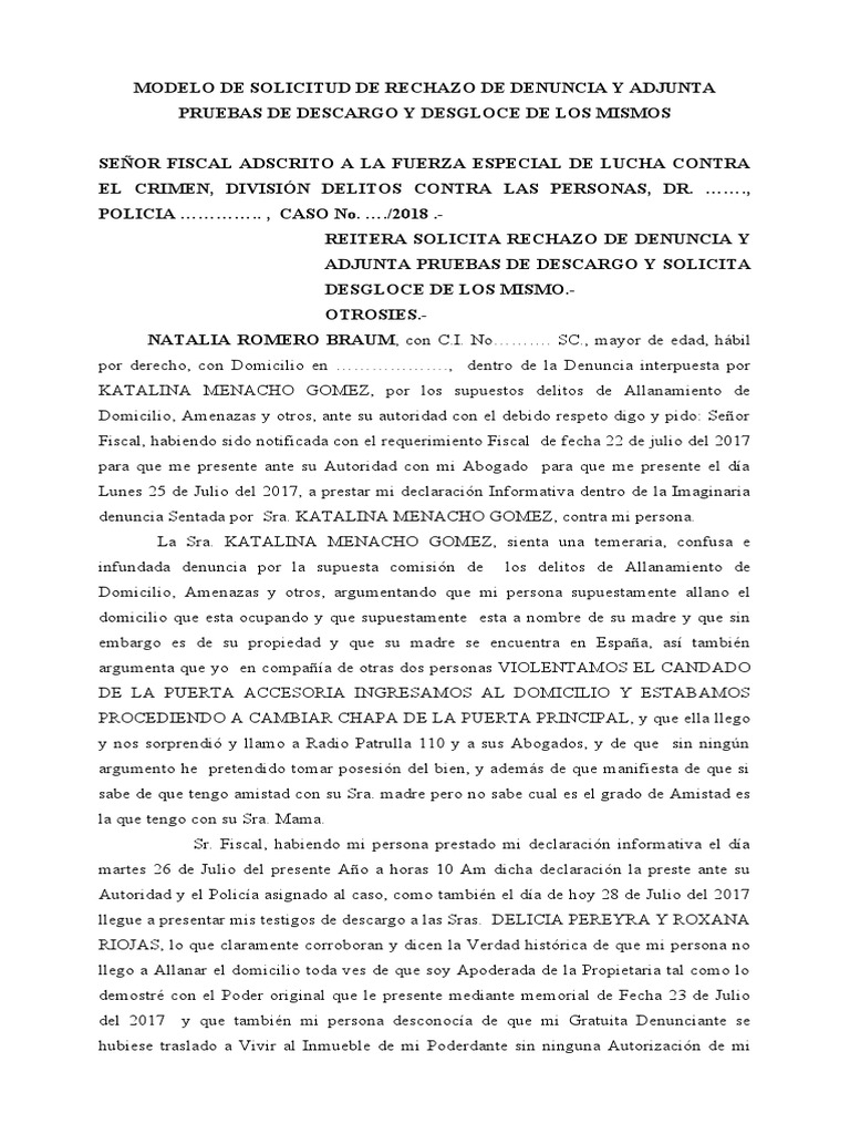 Solicitud de Rechazo de Denuncia y Adjunta Pruebas de Descargo | PDF | Ley Pública | Gobierno