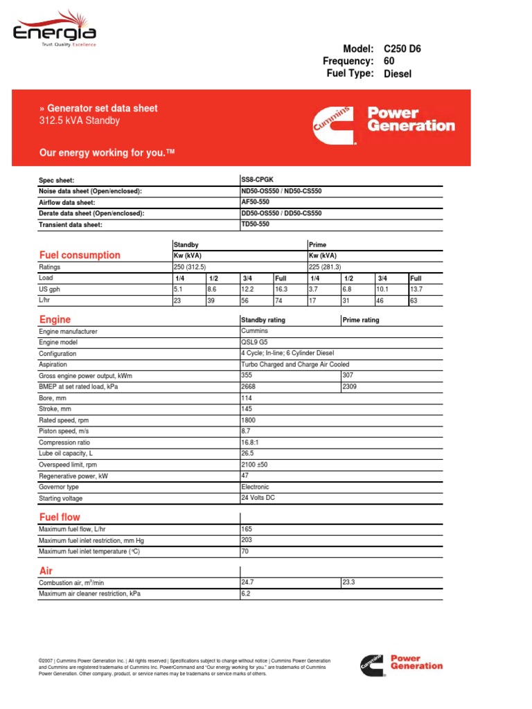 Generator Set Data Sheet: 312.5 kVA Standby | PDF | Diesel Engine | Engines