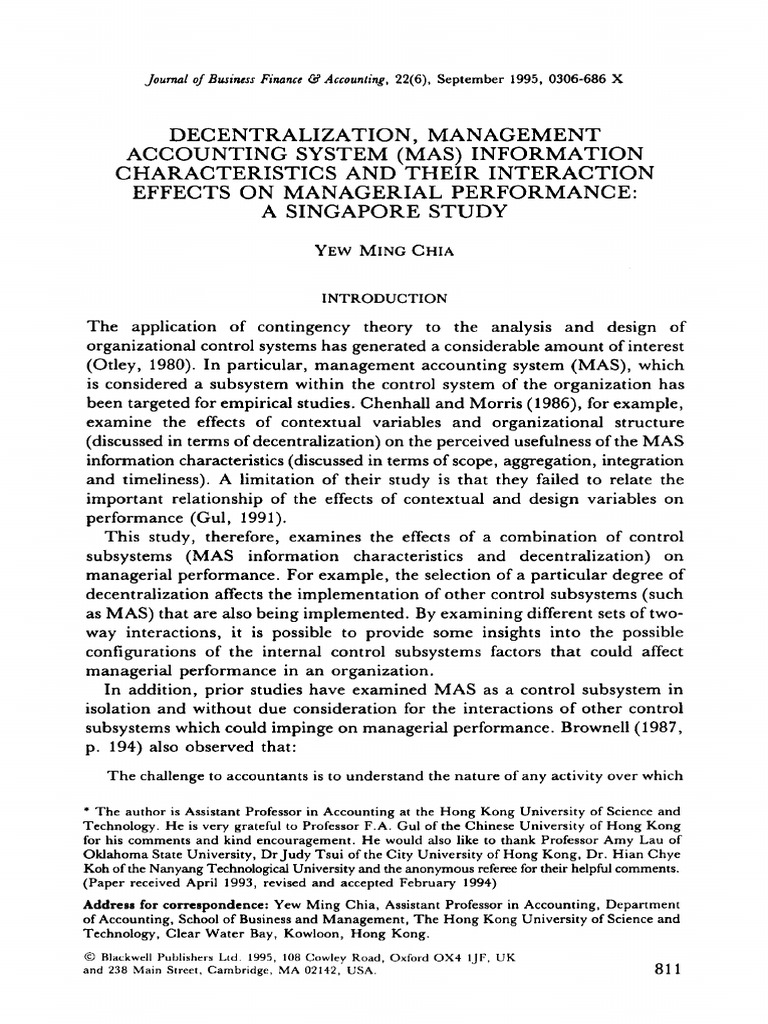 Decentralization, Management Accounting System (Mas) Information ...