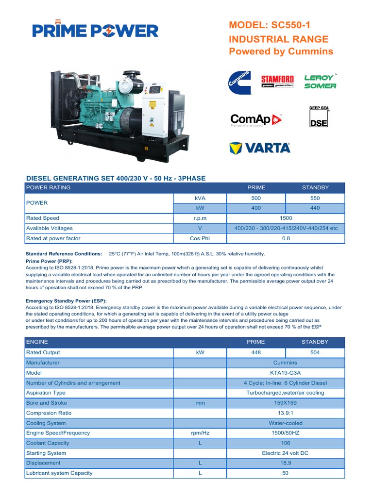 Cummins SC550-1 Diesel Generator Specs | PDF | Electric Generator ...