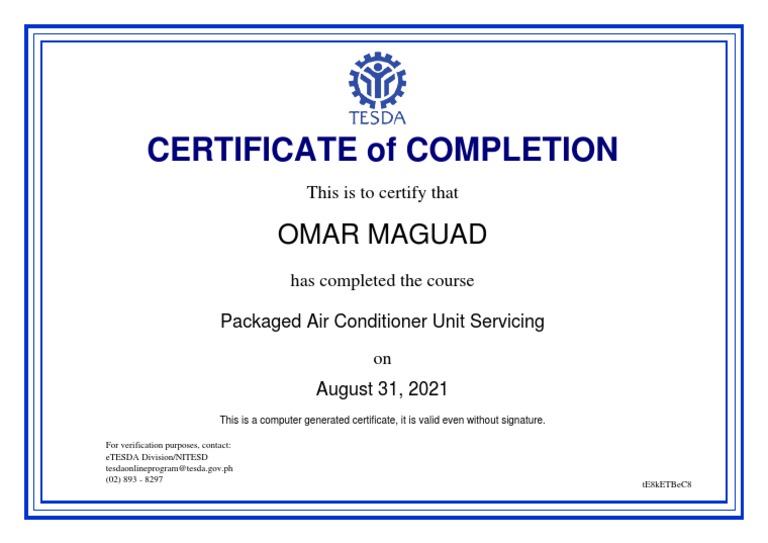 Packaged Air Conditioner Unit Servicing - Certificate of Completion | PDF
