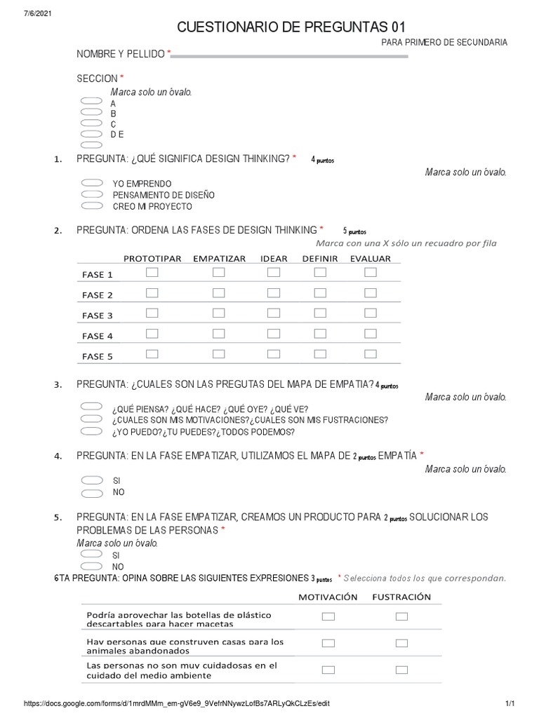Cuestionario de Preguntas 01 | PDF