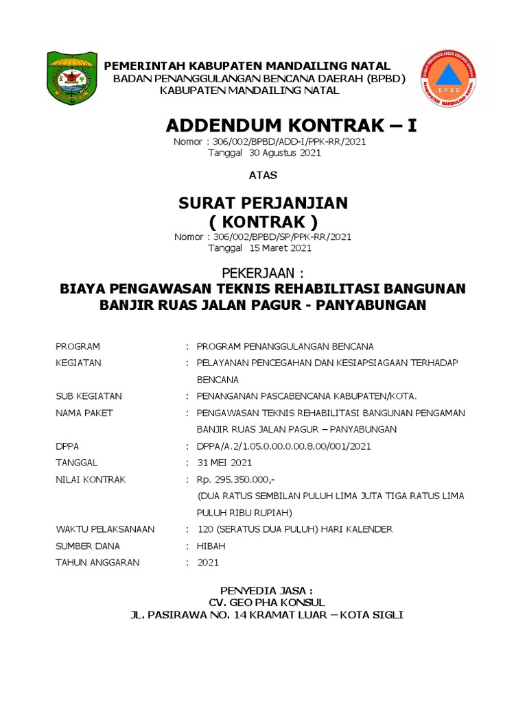 Cover Kontrak Pengawas ADENDUM | PDF | Pengelolaan Keuangan & Uang