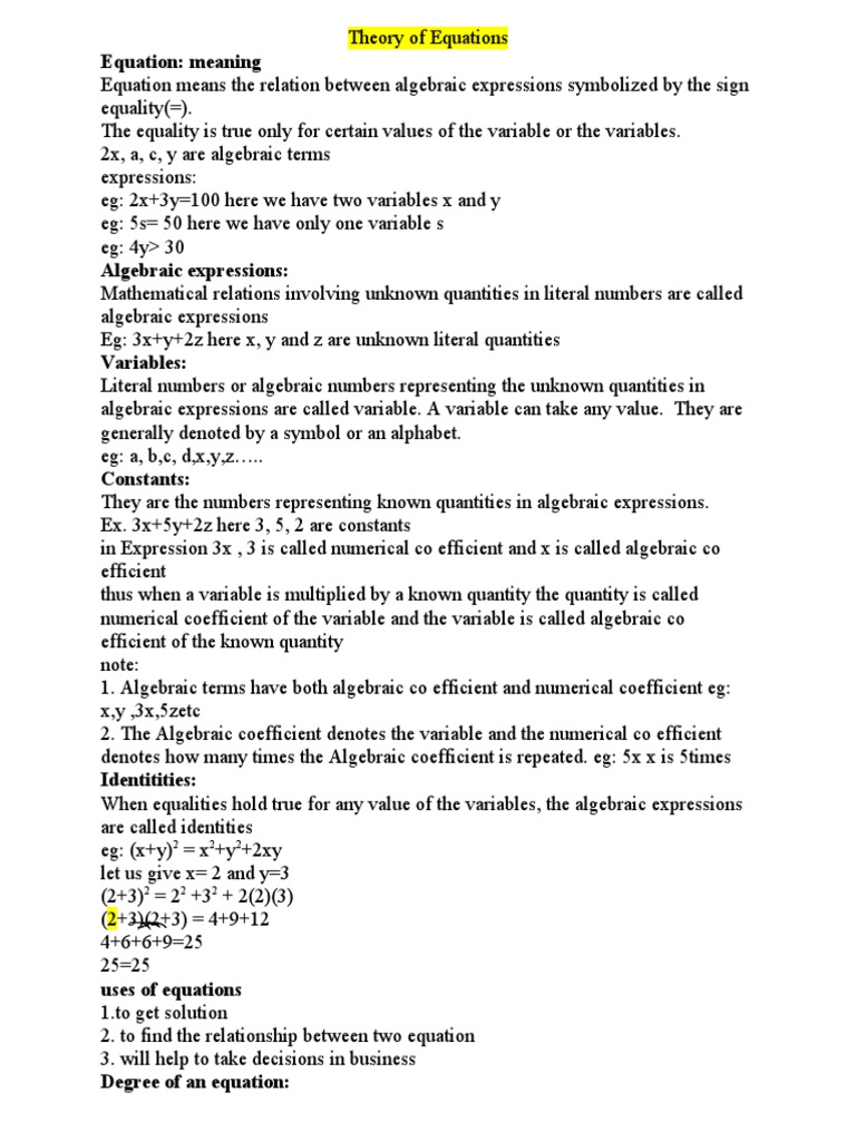 Theory of Equations Capter2 | PDF | Equations | Variable (Mathematics)