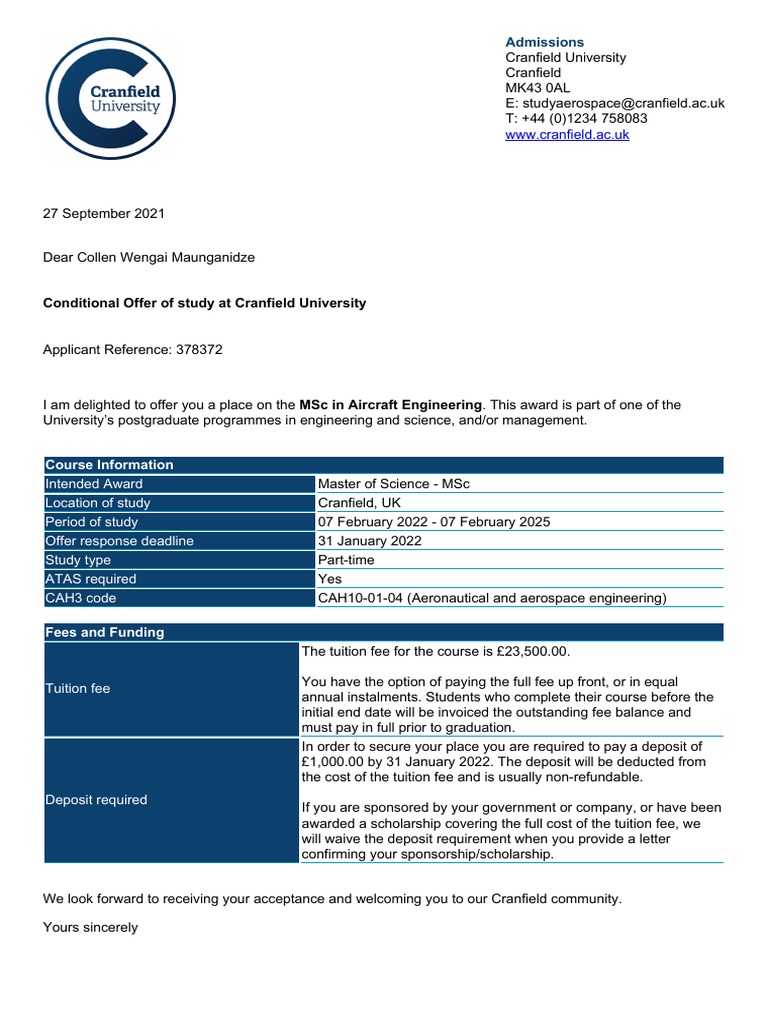 Conditional Offer of Study at Cranfield University: WWW - Cranfield.ac ...