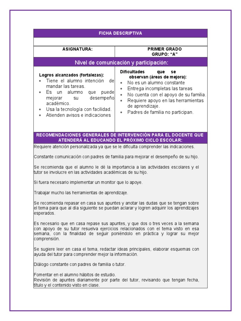 Ficha Descriptiva Fichas Descriptivas Por Alumno Fichas Ficha