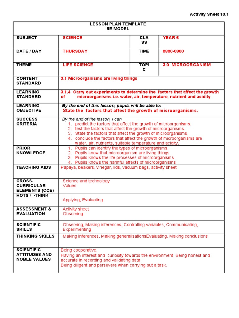 Lesson Plan Yr 6 - Microorganism | PDF | Experiment | Science