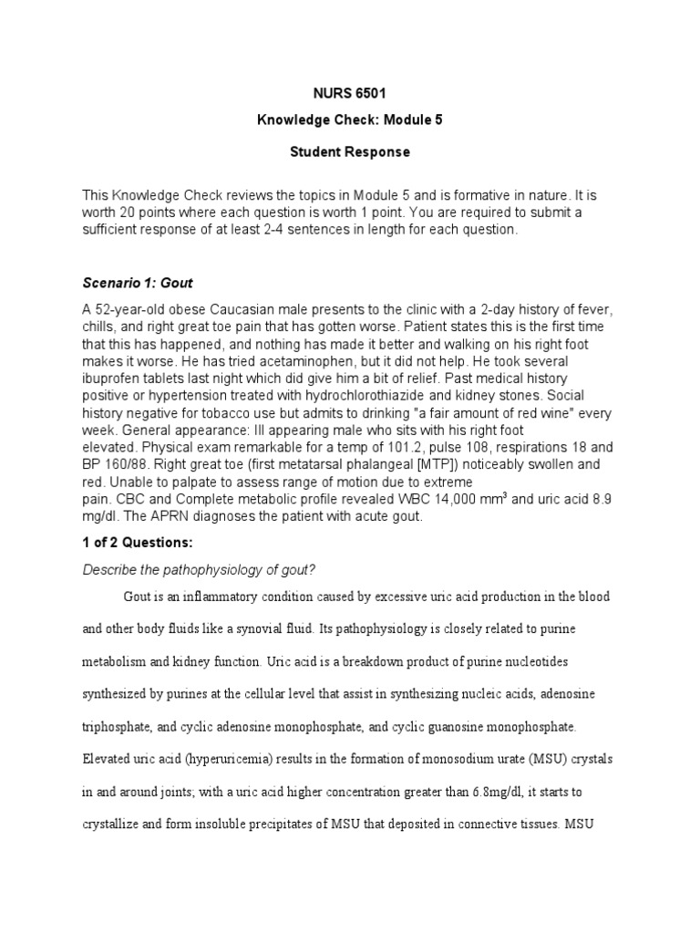 NURS 6501 Knowledge Check: Module 5 Student Response: Scenario 1: Gout | PDF | Fibromyalgia ...