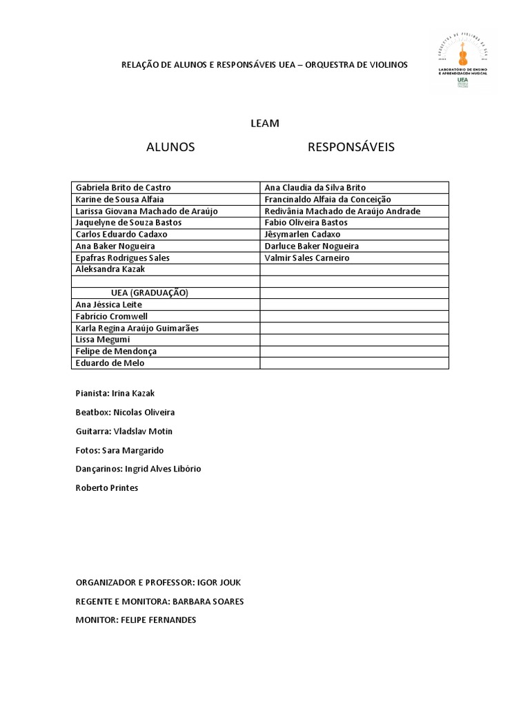 Relação de Alunos e Responsáveis Uea Final | PDF