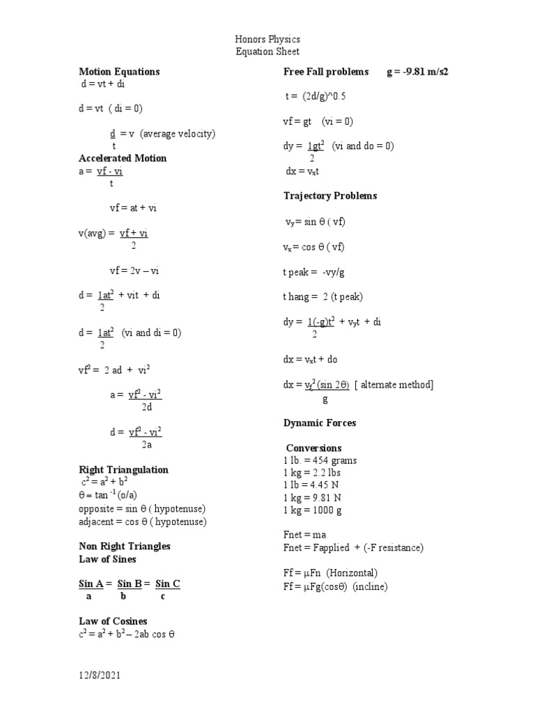 Honors Physics Equation Reference Sheet | PDF | Torque | Sine
