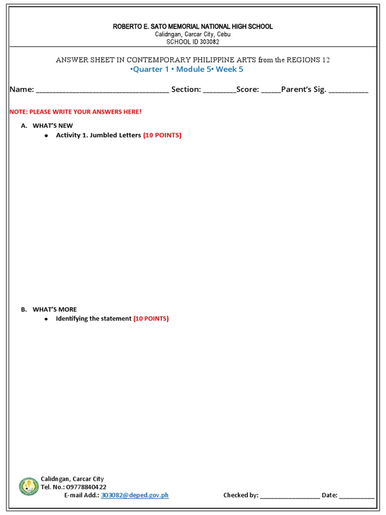 Answer Sheet in Contemporary Philippine Arts From The Regions 12 | PDF