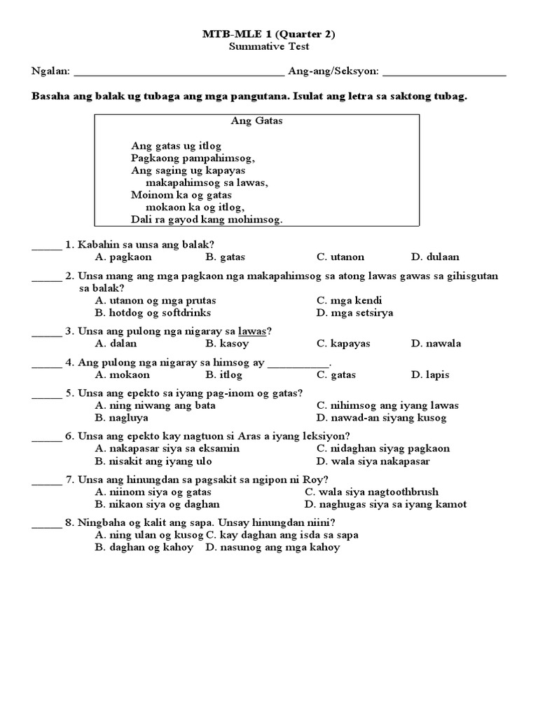 MTB 1 - Q2 Summative | PDF