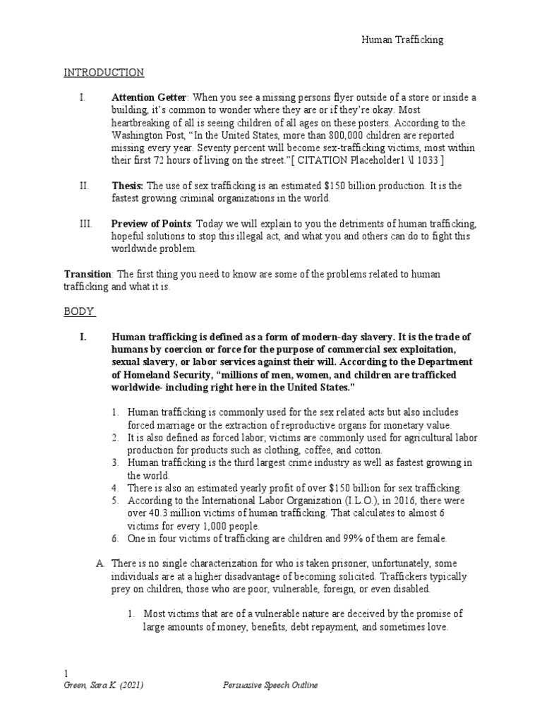 Green, Sara K. (2021) Persuasive Speech Outline | PDF | Human ...