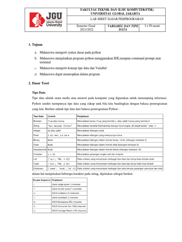 Labsheet1 - Variabel Dan Tipe Data | PDF