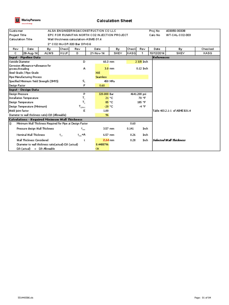 Calculation Sheet: WT-CAL-CO2-003 | PDF | Pipe (Fluid Conveyance) | Chemical Engineering