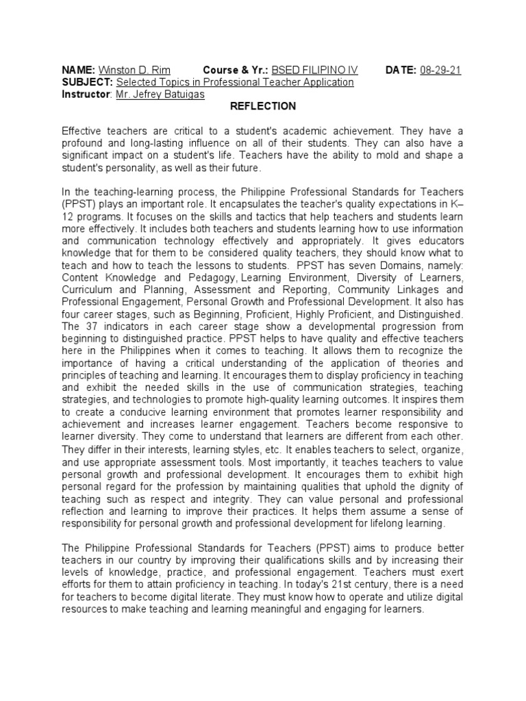 PPST Reflection | PDF | Teachers | Learning