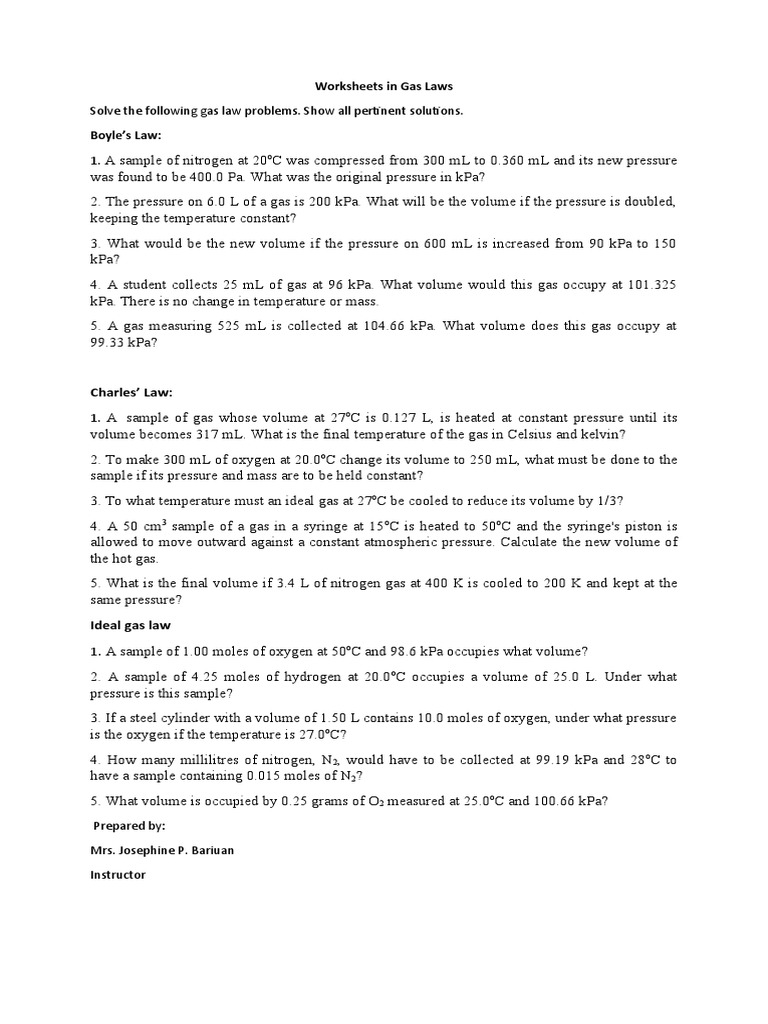 Solve The Following Gas Law Problems. Show All Pertinent Solutions | PDF