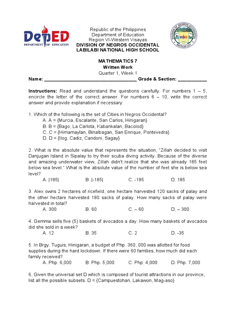 Grade 7 Quarter 1 Written Work # 1 | PDF | Mathematics
