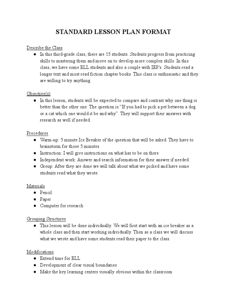 Standard Lesson Plan Format | PDF