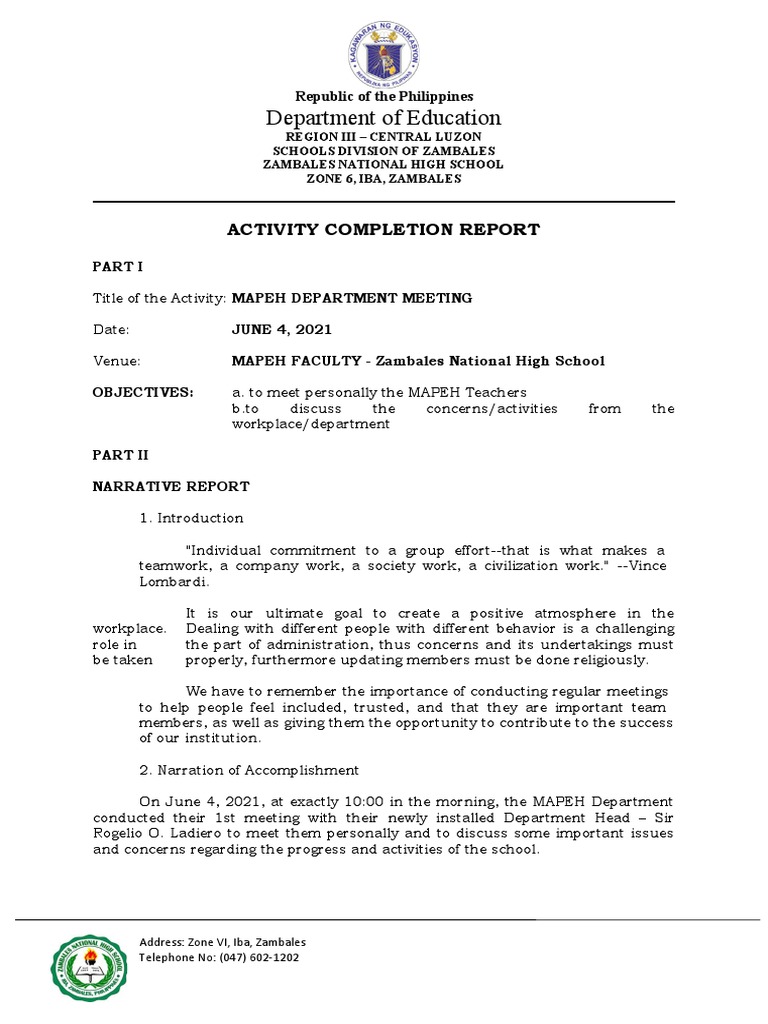 Activity Completion Report - ZNHS Mapeh Meeting | PDF | Human Nature