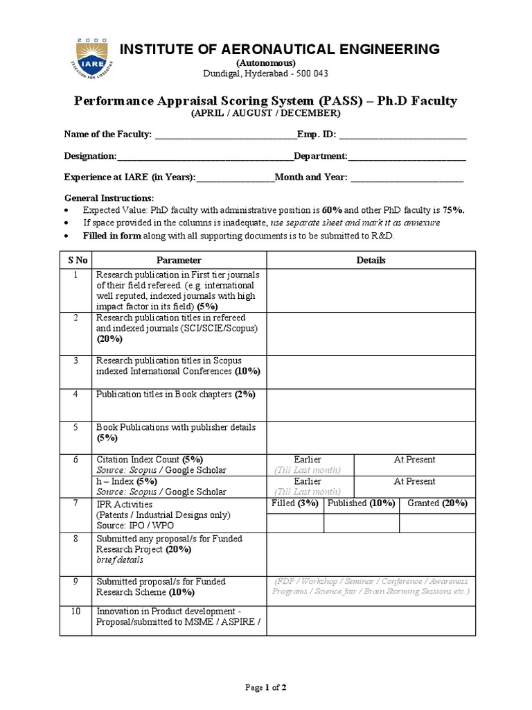 Performance Appraisal Scoring System (PASS) Form - PH.D | PDF ...