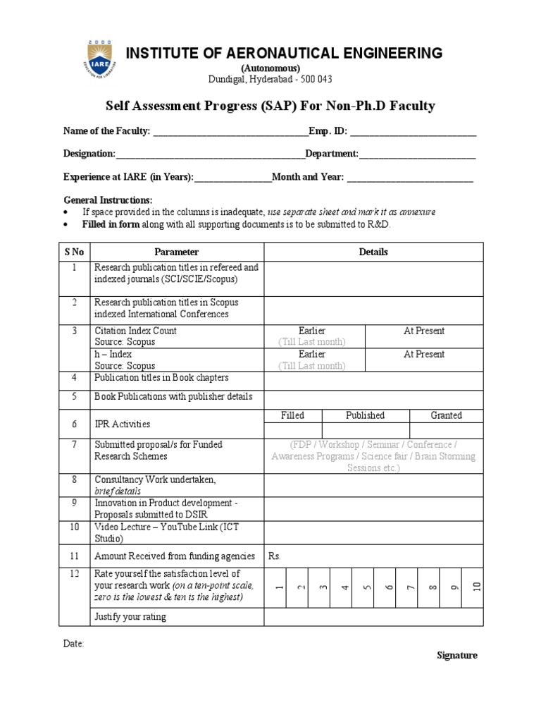 Self Assessment Progress (SAP) Form For Non PHD Faculty | PDF | Science ...