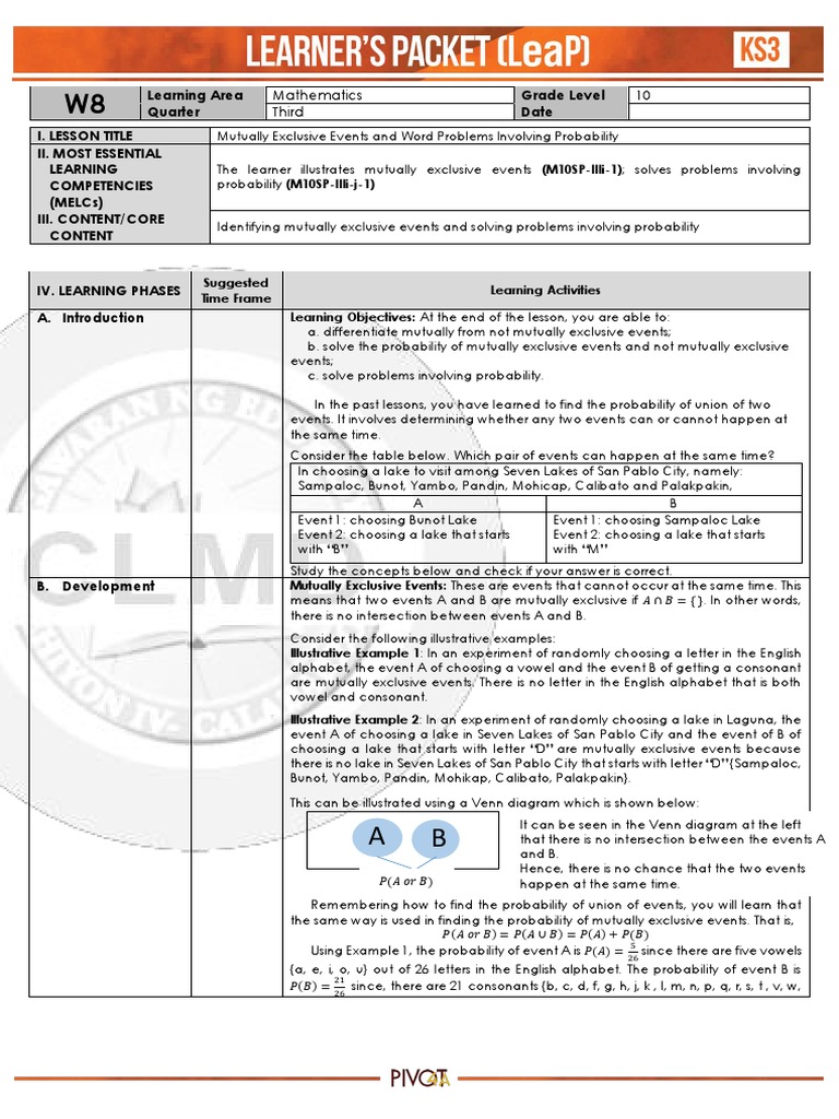 LeaP Math G10 Week 8 Q3 | PDF | Probability | Learning