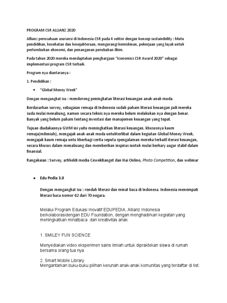 Program CSR Allianz 2020: Pendidikan & Kesehatan | PDF