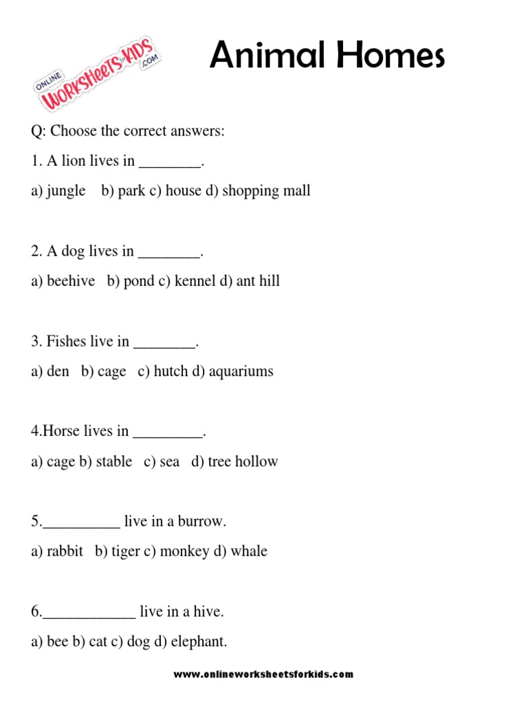 Animal Homes Worksheet For Grade 1-9 | PDF