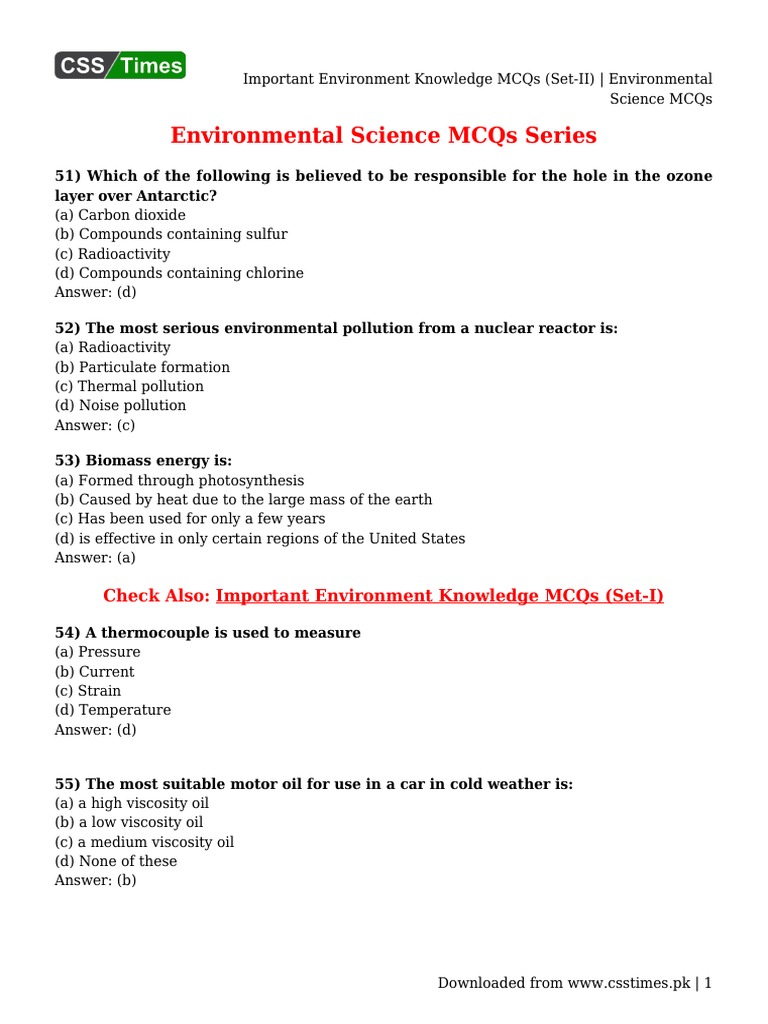 Important Environment Knowledge MCQs (Set-II) - Environmental Science ...