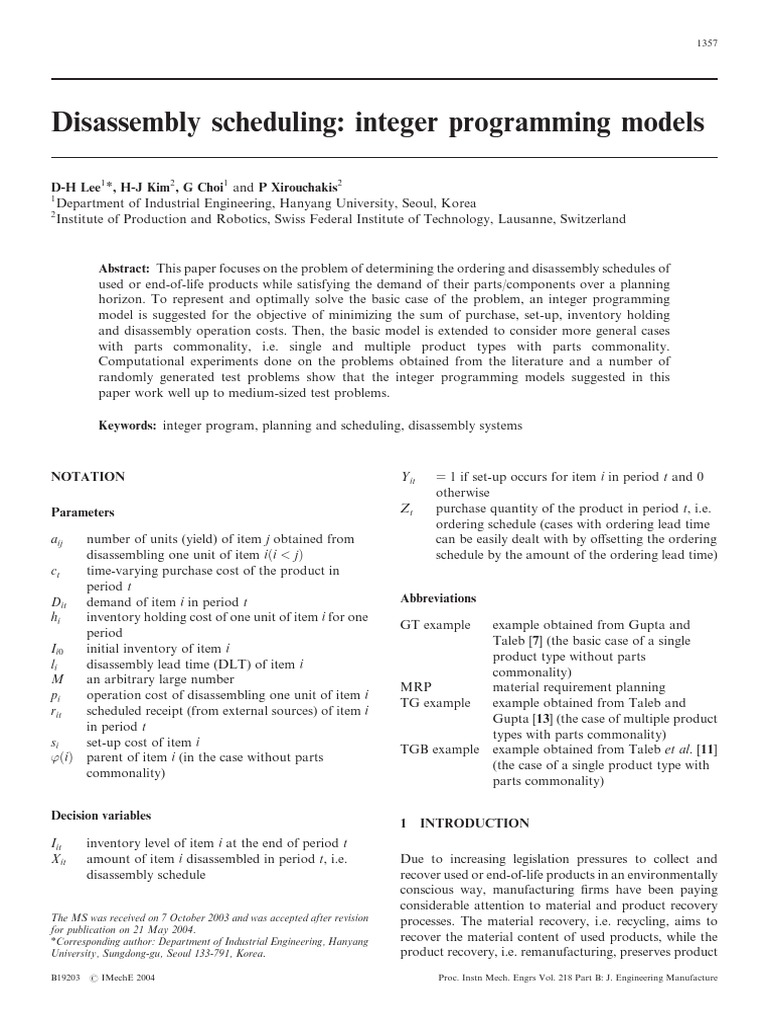 Disassembly Scheduling Integer Programming Models Pdf Mathematical Optimization Inventory