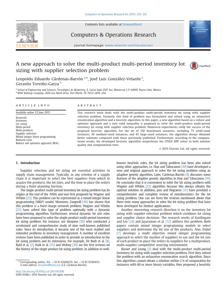Computers & Operations Research: Leopoldo Eduardo Cárdenas-Barrón, José Luis González-Velarde ...