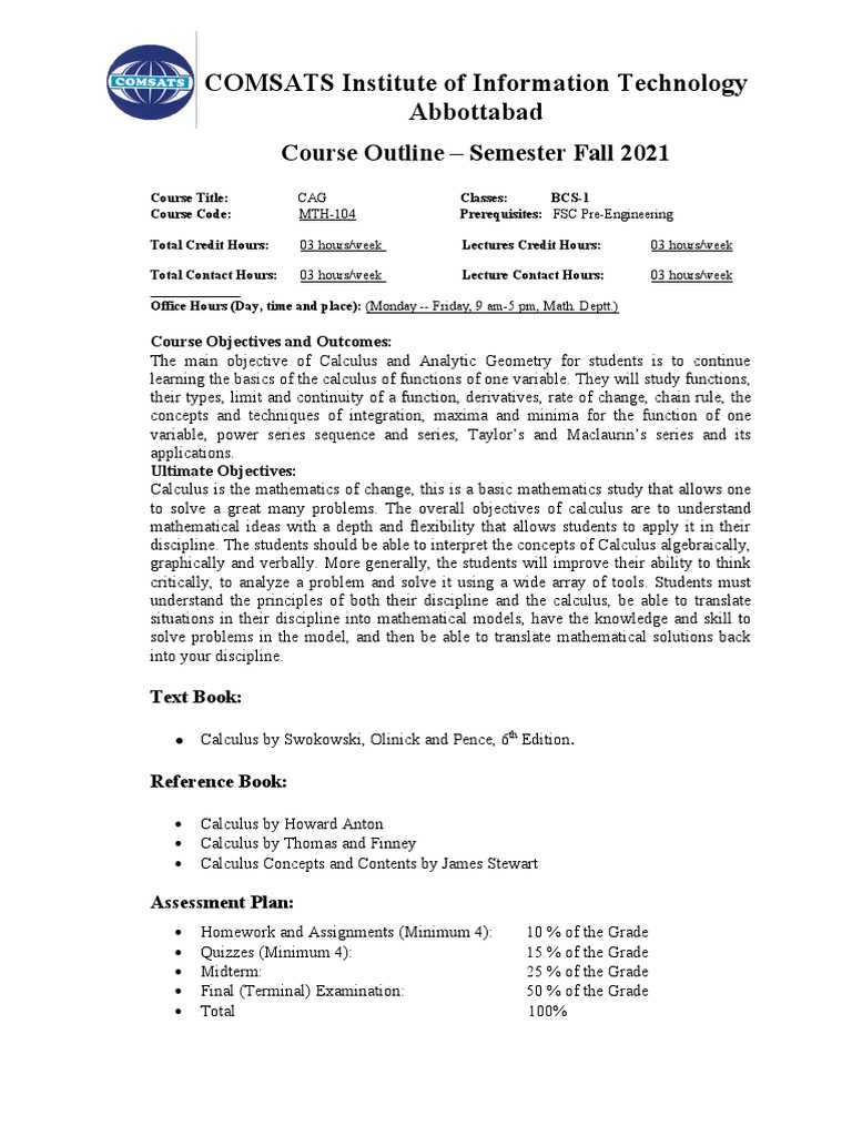 COMSATS Institute of Information Technology Abbottabad: Course Outline ...