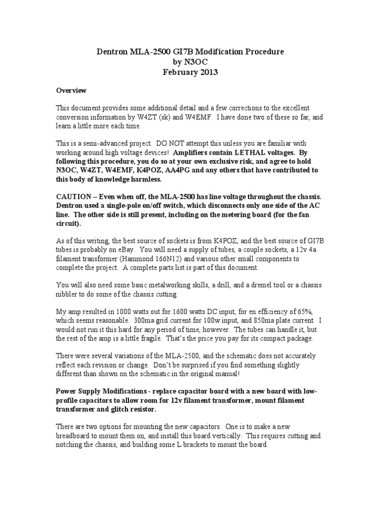Dentron MLA-2500 GI7B Modification Procedure 3 | PDF | Electrical ...