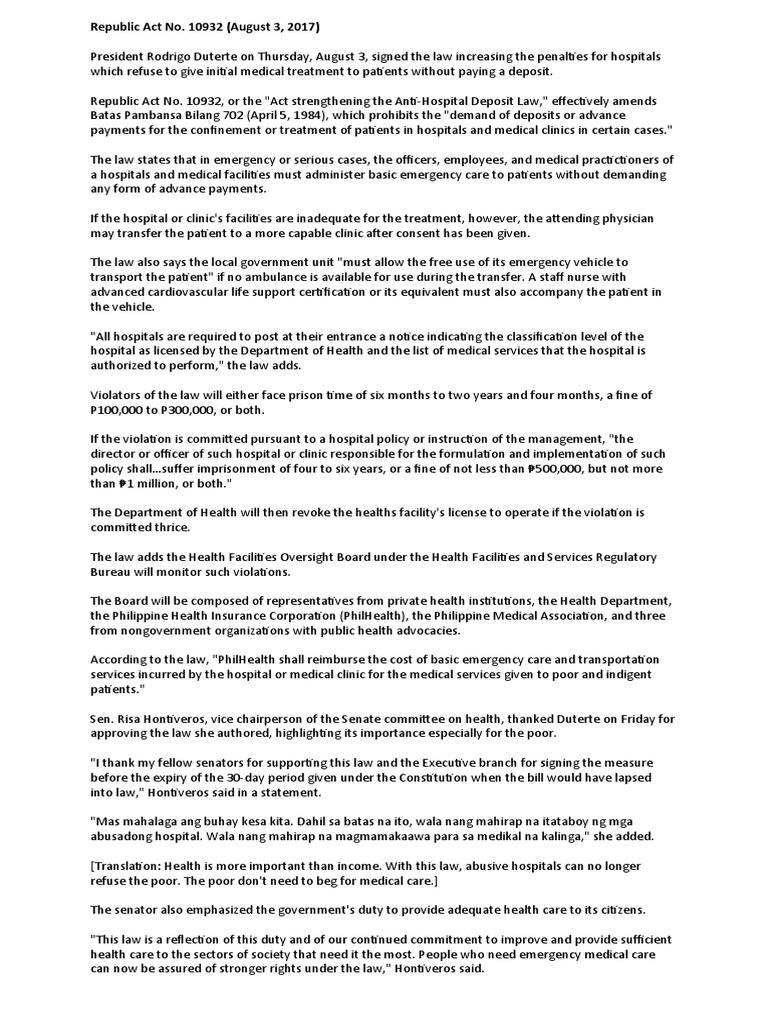 Anti-Hospital Deposit Law | PDF | Hospital | Patient