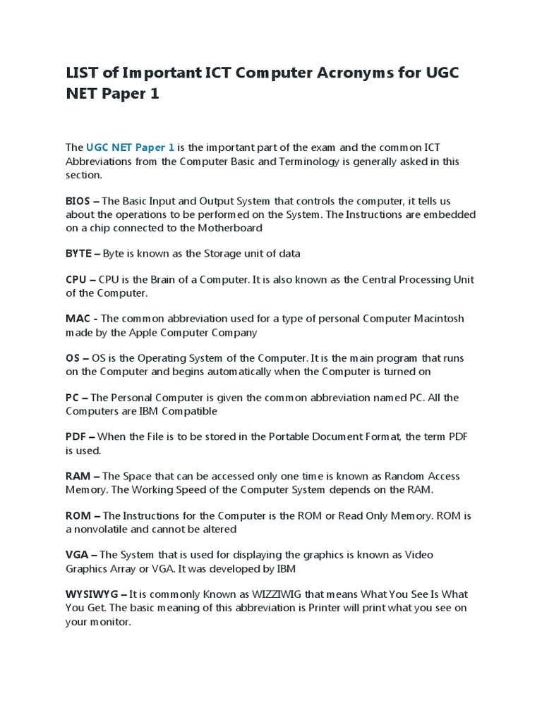 LIST of Important ICT Computer Acronyms For UGC NET Paper 1 | PDF ...