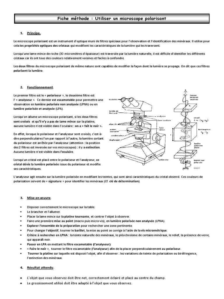 Fiche Methode Microscope Polarisant | PDF | Polarisation (optique) | Filtre (optique)
