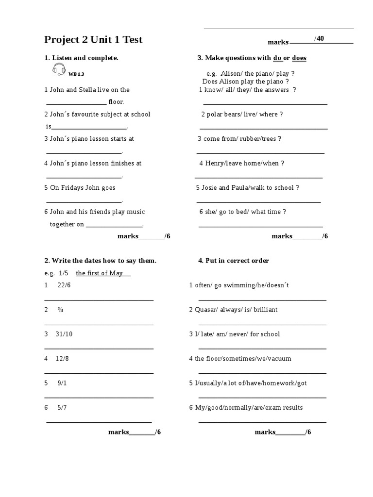 Project 2 Unit 1 Test: Marks | PDF