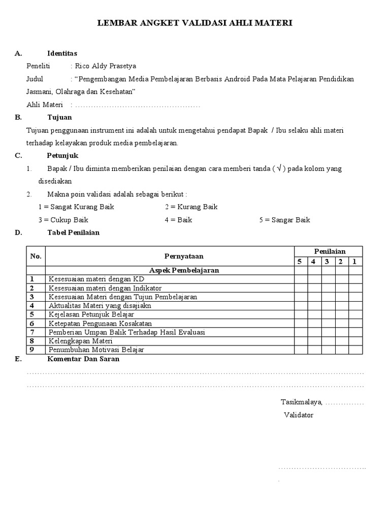 Lembar Angket Validasi Ahli Materi FDFD | PDF