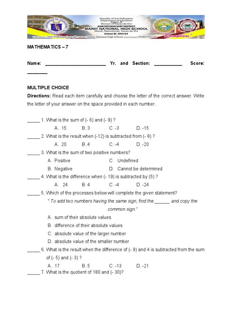 7th Grade Mathematics Quiz | PDF | Mathematics | Arithmetic