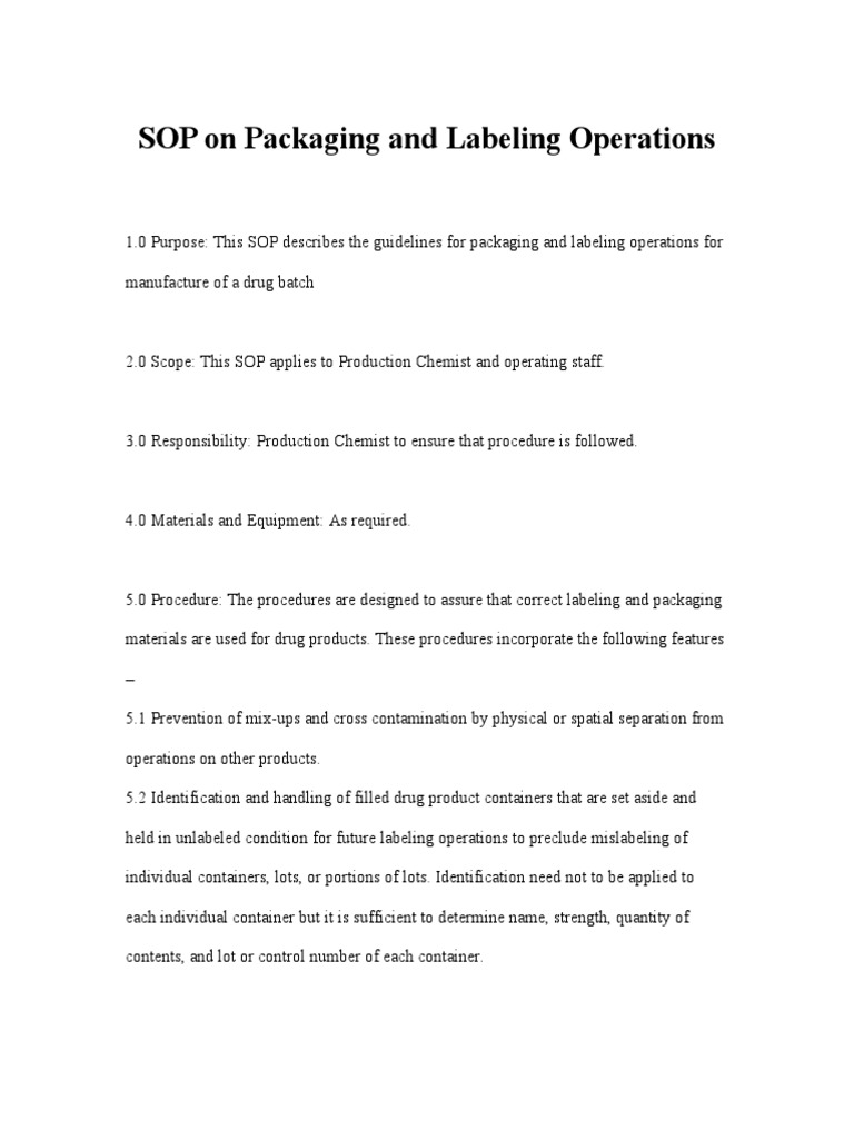 SOP On Packaging and Labeling Operations | PDF