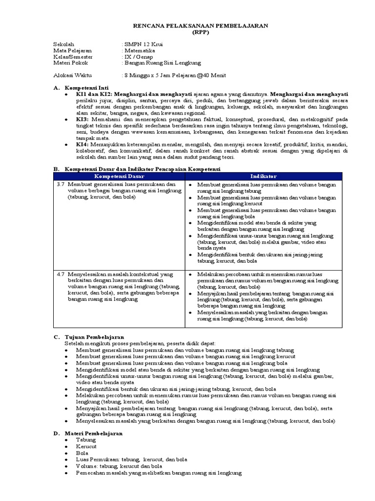 RPP Bab 6, Bangun Ruang Sisi Lengkung | PDF