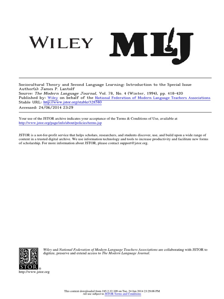 Sociocultural Theory and Second Language Learning - Introduction To The Special Issue | PDF ...