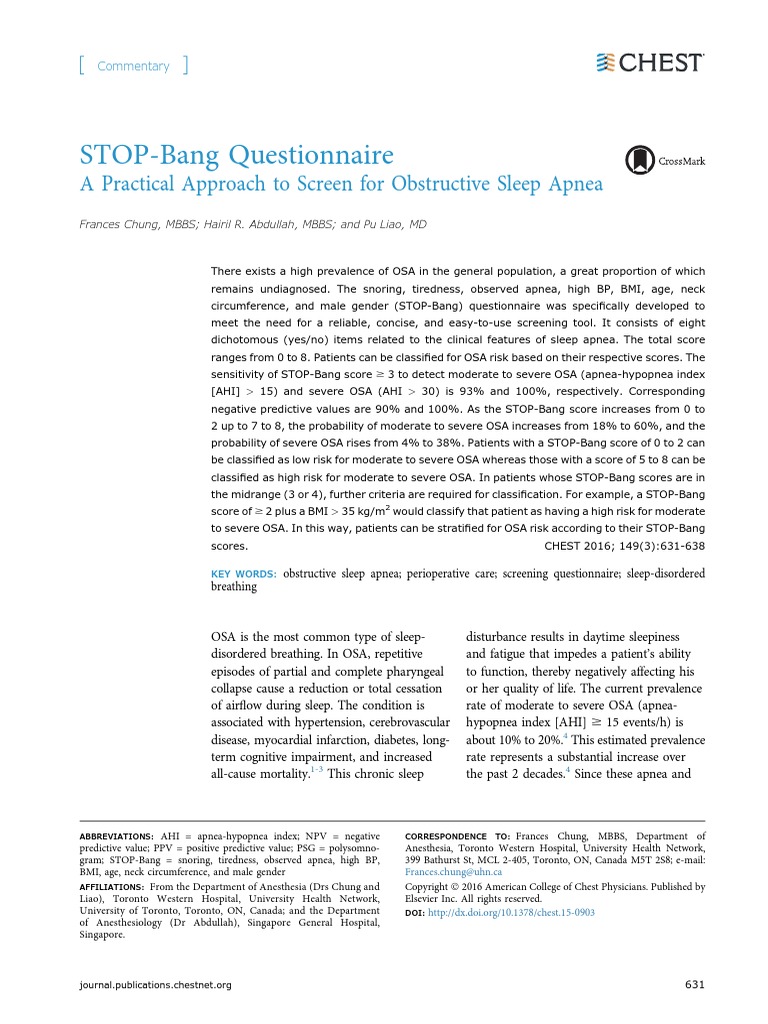 Chung 2016 Stop Bang Questionnaire | PDF | Sleep Apnea | Sensitivity And Specificity